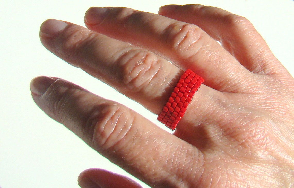 Red Beaded Ring Brickwork Style Bright Red Ring for Man or - Etsy