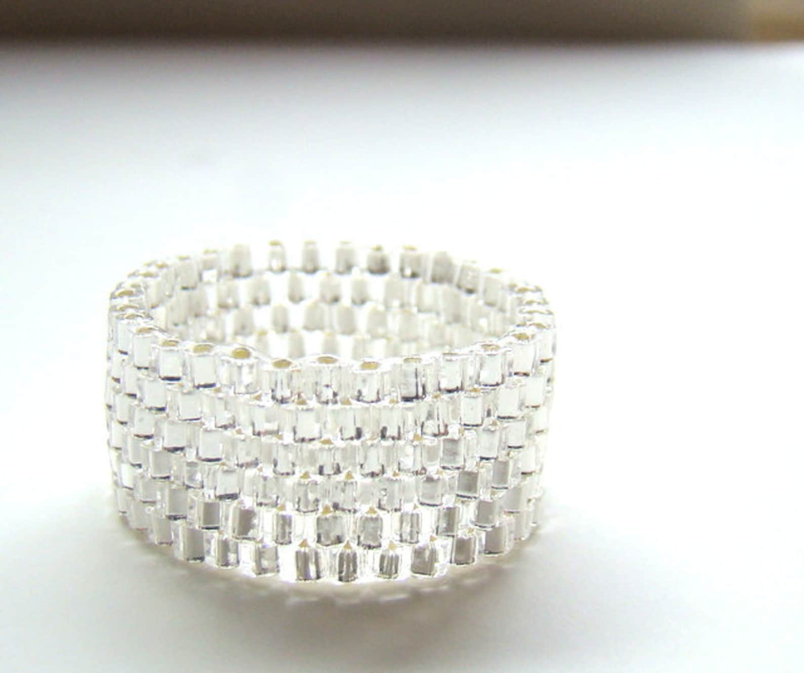 Silver Crystal Beaded Ring in Brickwork Style Peyote Seed Bead Ring ...