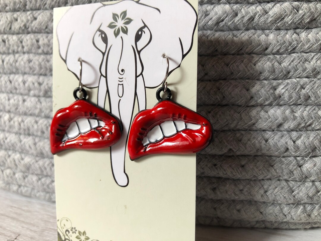 Bite My Lip Funny Flirty Earrings - Enameled Red Lips - Action Comic ...