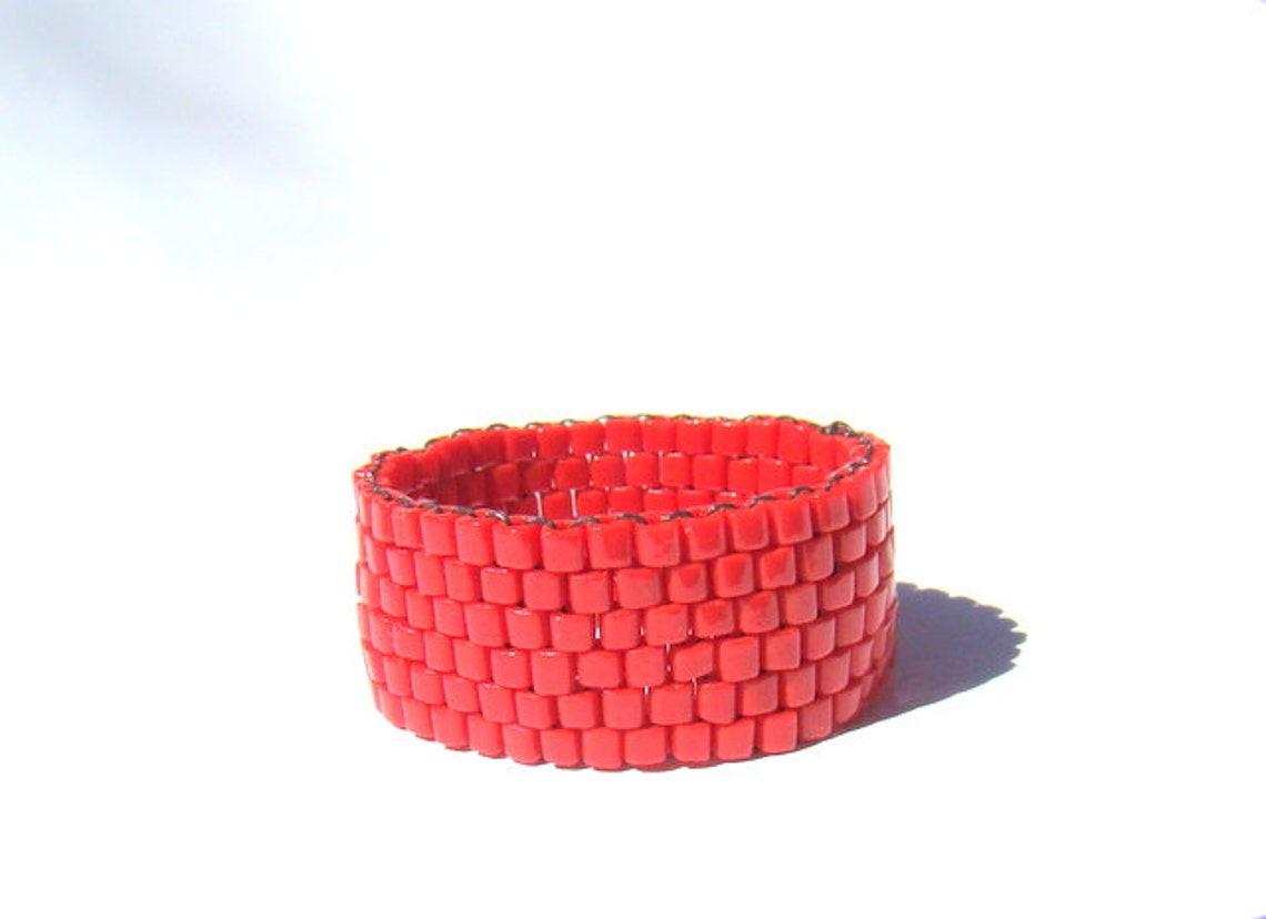 Red Beaded Ring Brickwork Style Bright Red Ring for Man or - Etsy
