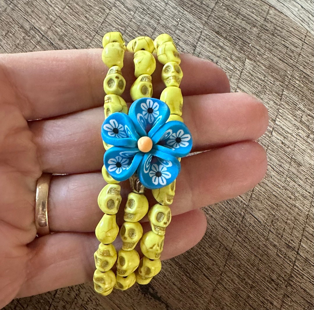 Yellow Sugar Skull Stretch Wrap Bracelet Blue Flower Focal Triple Wrap ...