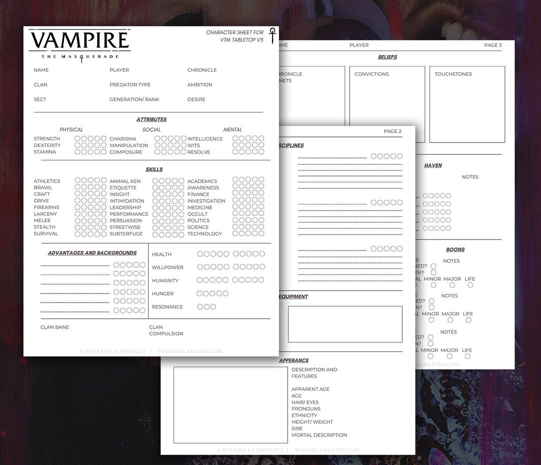 VTM Minimalist Printable PDF Character Sheet | Vampire: the Masquerade ...
