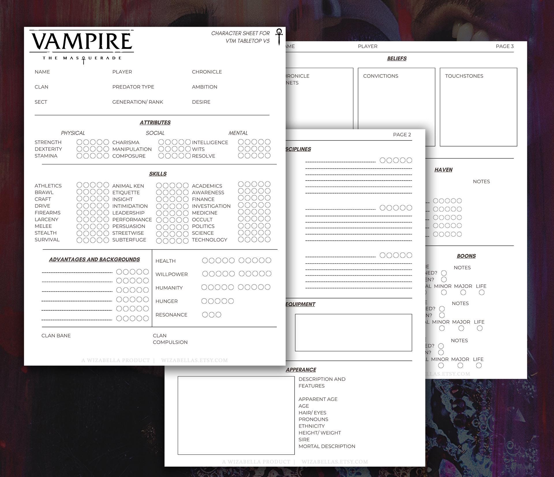 VTM Minimalist Printable PDF Character Sheet | Vampire: the Masquerade ...