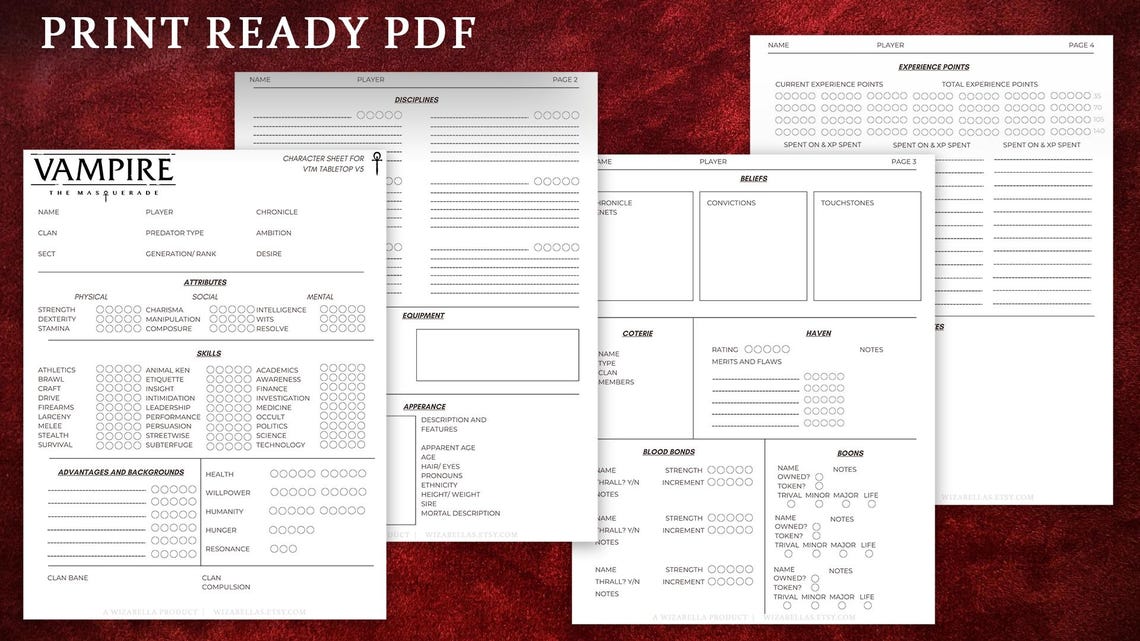 VTM Minimalist Printable PDF Character Sheet | Vampire: the Masquerade ...