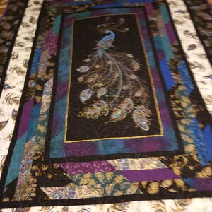 Beautiful Black Panel Peacock Quilt Throw Quilt, 58 X 80 Vibant Colors ...