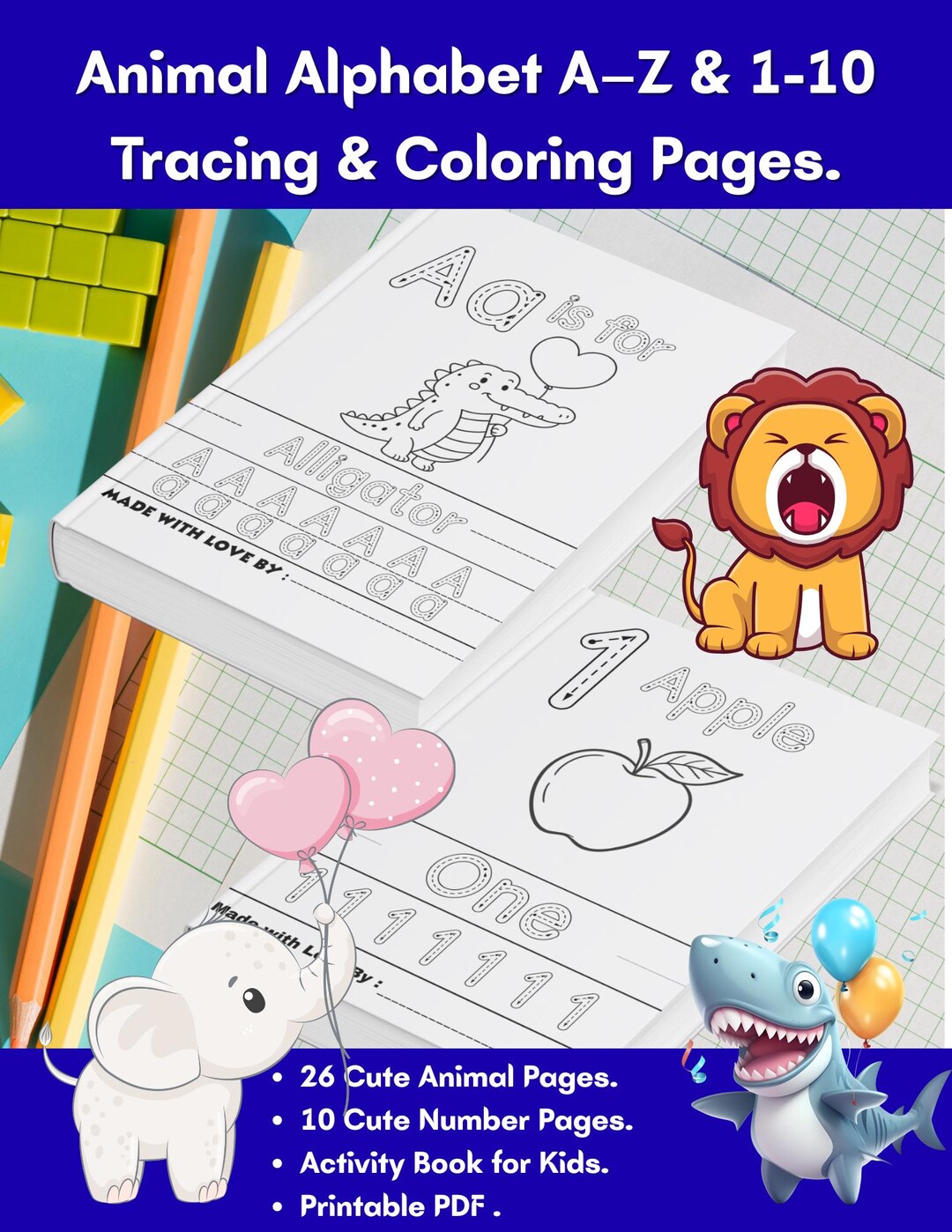 Animal Alphabet & Number Tracing Worksheets: Kids Handwriting Practice ...