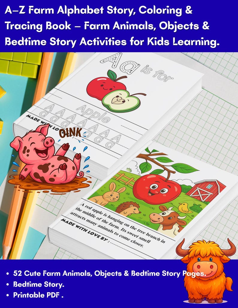 Farm Alphabet Coloring & Tracing Bedtime Story Book: A-Z Learning ...