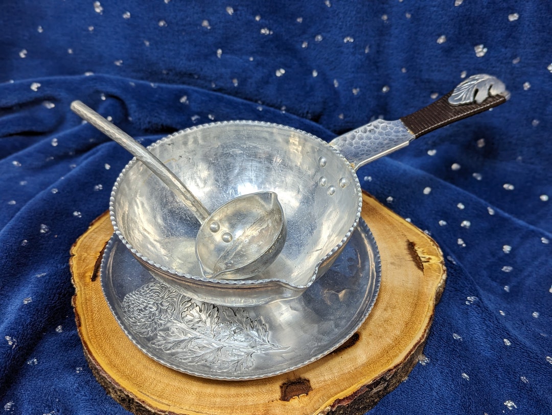 Aluminum Spouted Bowl With Saucer & Ladle: Handwrought Silver Look ...