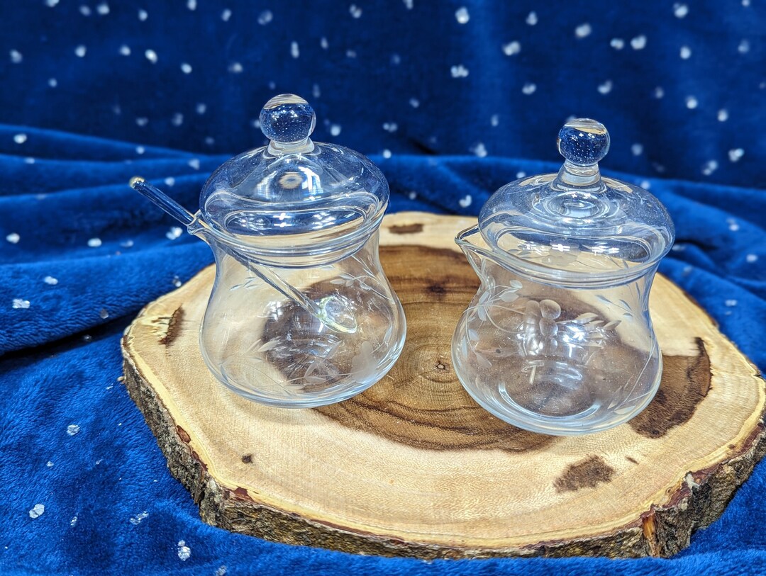 Delicate Floral Etched Glass Spouted Container With Lid and Spoon ...