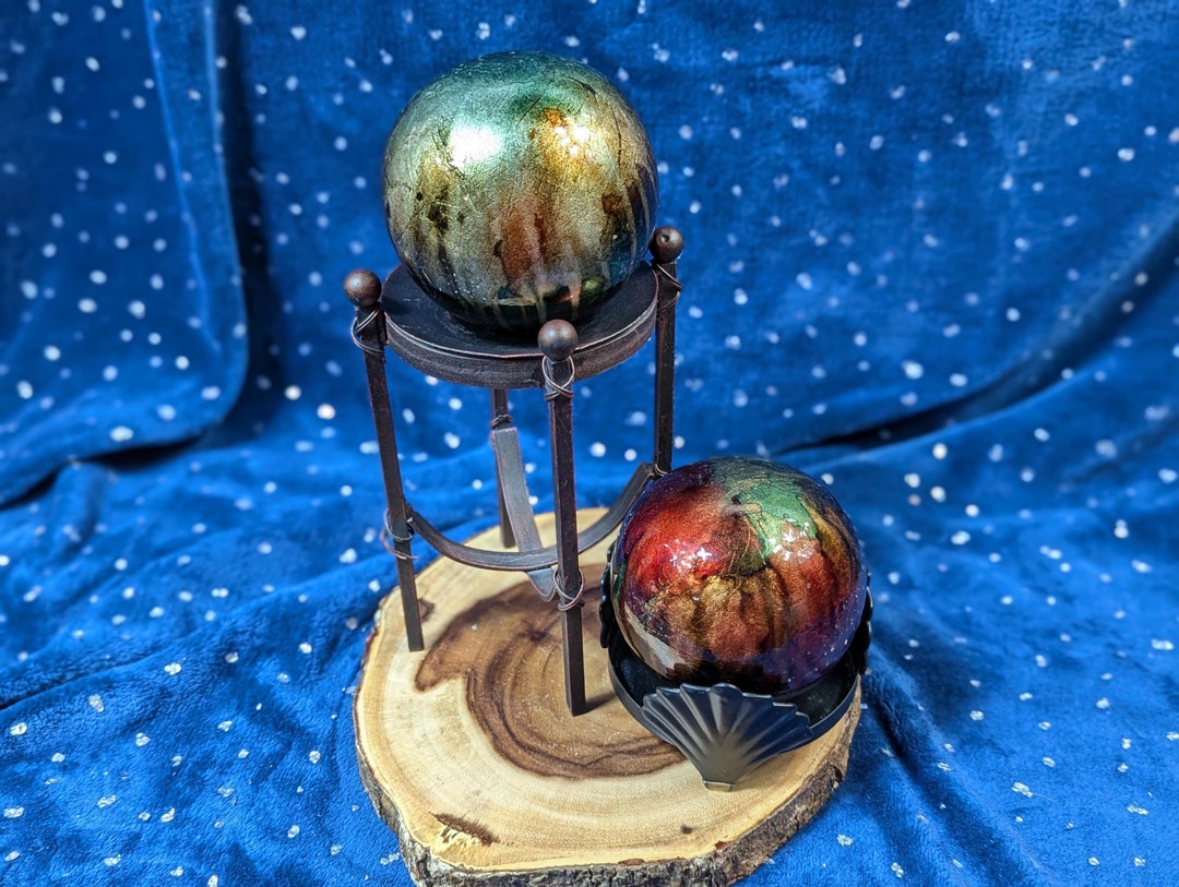 Antique Scrollwork Metal Plinth With Iridescent Green and Golden Orb ...