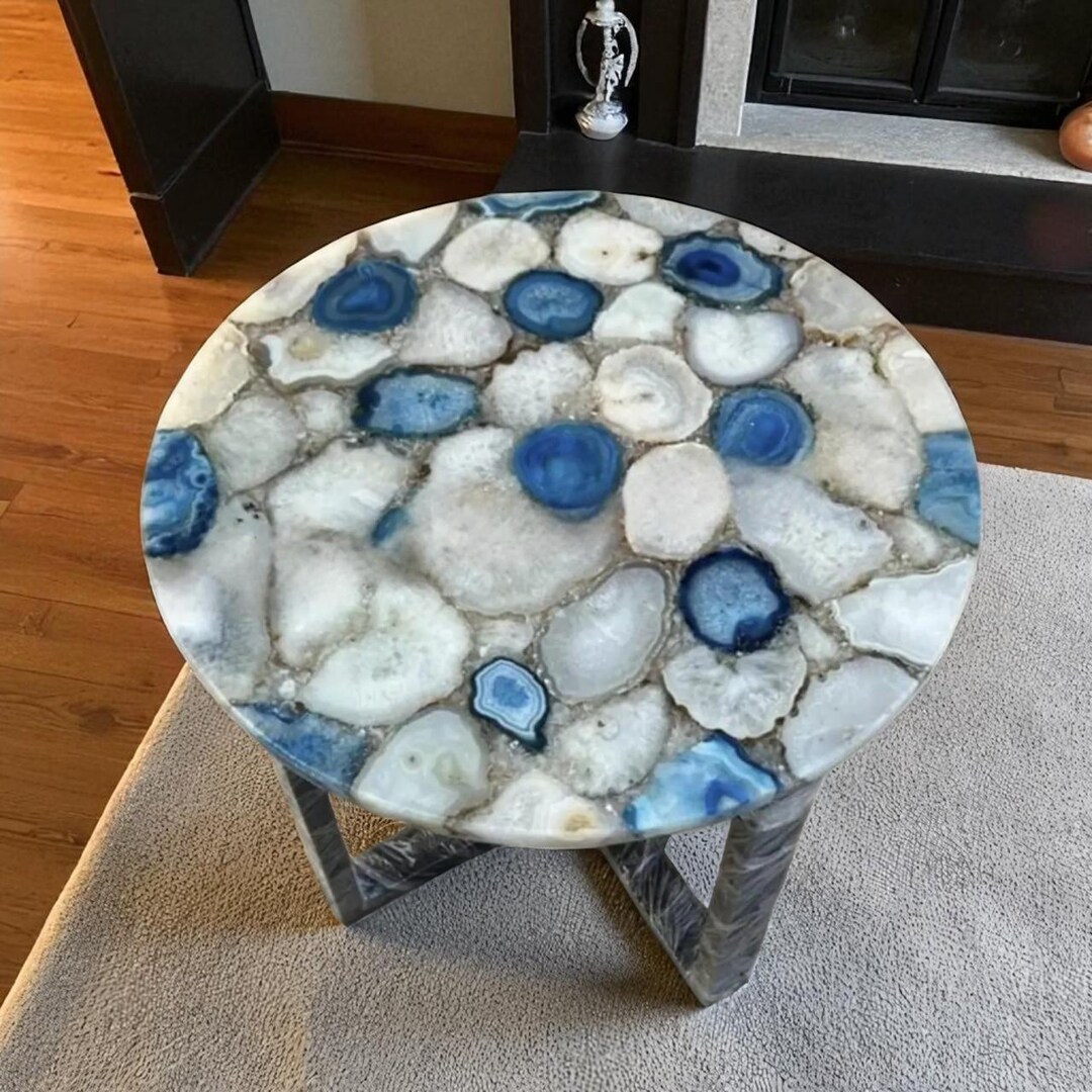 Handmade Blue & White Agate Table Top – Natural Crystal Coffee Table ...