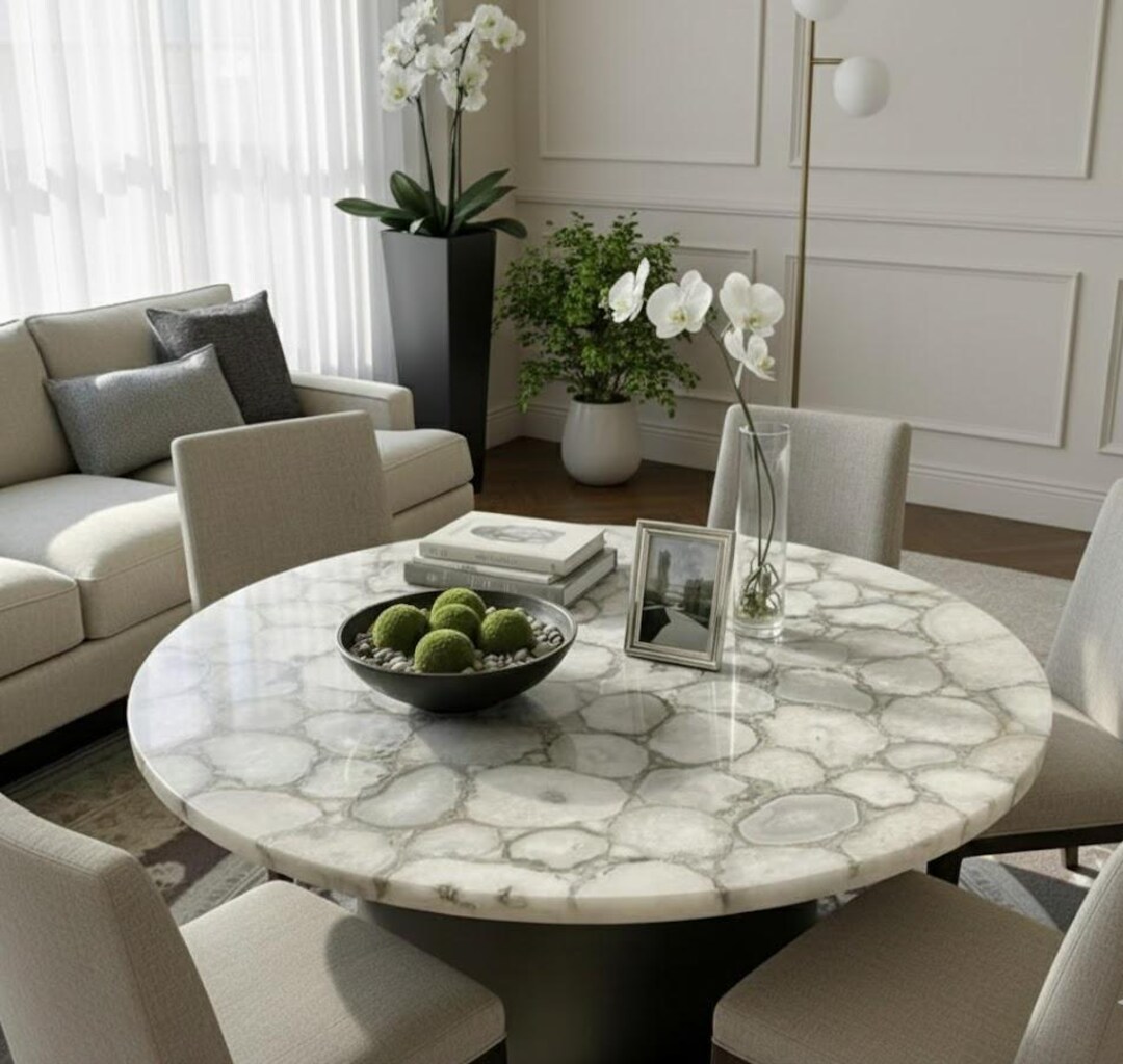 White Agate Round Table Top | Luxury Marble Dining Coffee Table ...