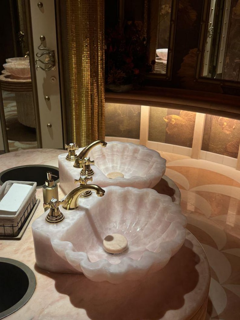 Hand Carved Rose Quartz Shell Vessel Sink, Pink Onyx Stone Basin ...
