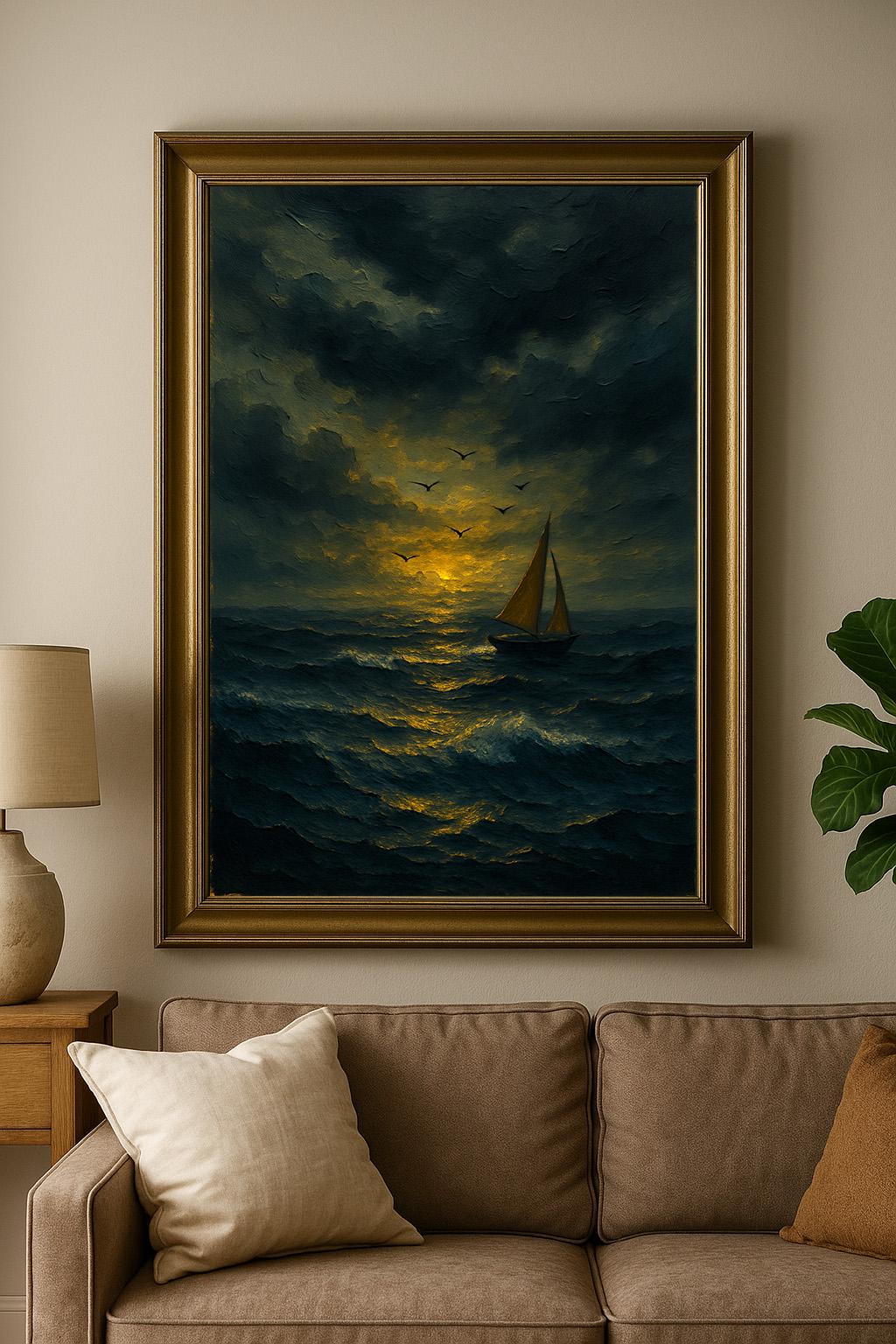 Moonwake Ocean Wall Art – Moody Night Seascape Oil Painting, Moonlit Water Scene, Coastal ...