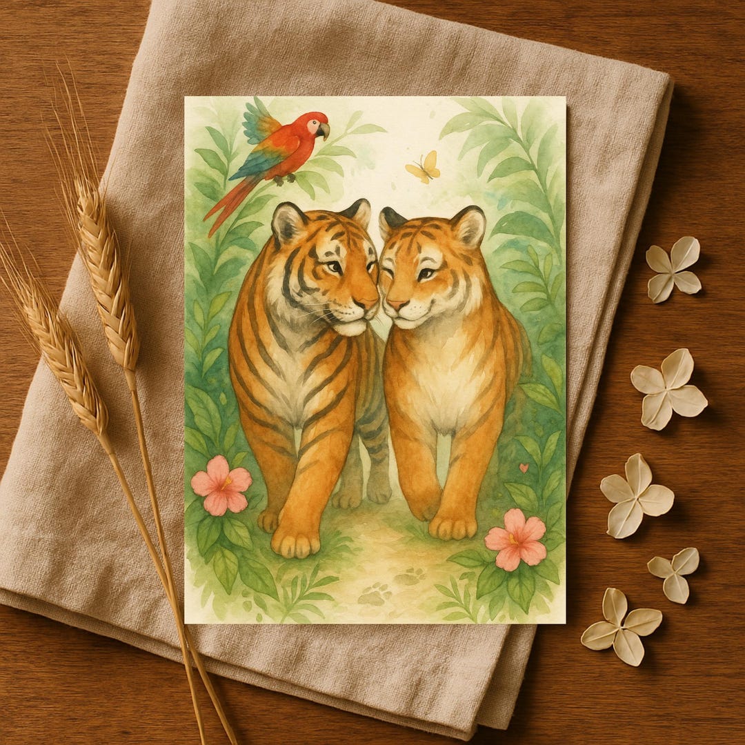 Cute Watercolor Couple Greeting Card – Romantic Animal Couple Greeting ...