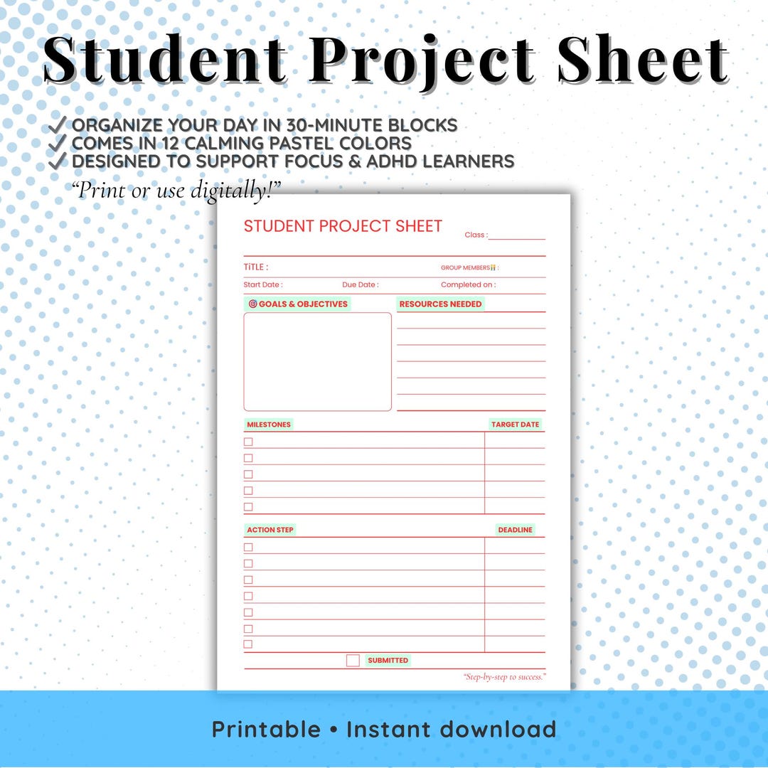 Student Project Sheet Printable | School Project Planner Template for ...