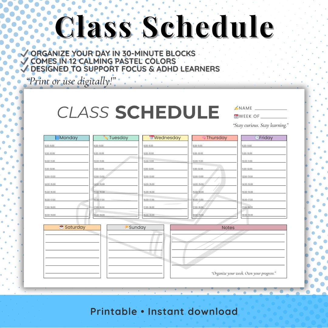 Class Schedule Printable – Weekly Timetable for Students | 12 Pastel ...