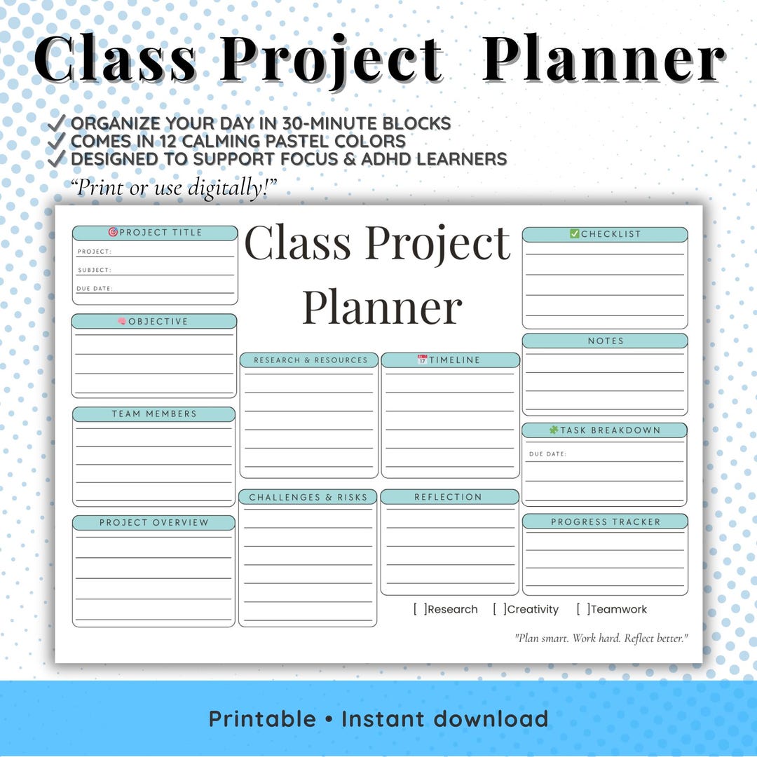 Class Project Planner | Printable School Project Template | A4 A5 US ...