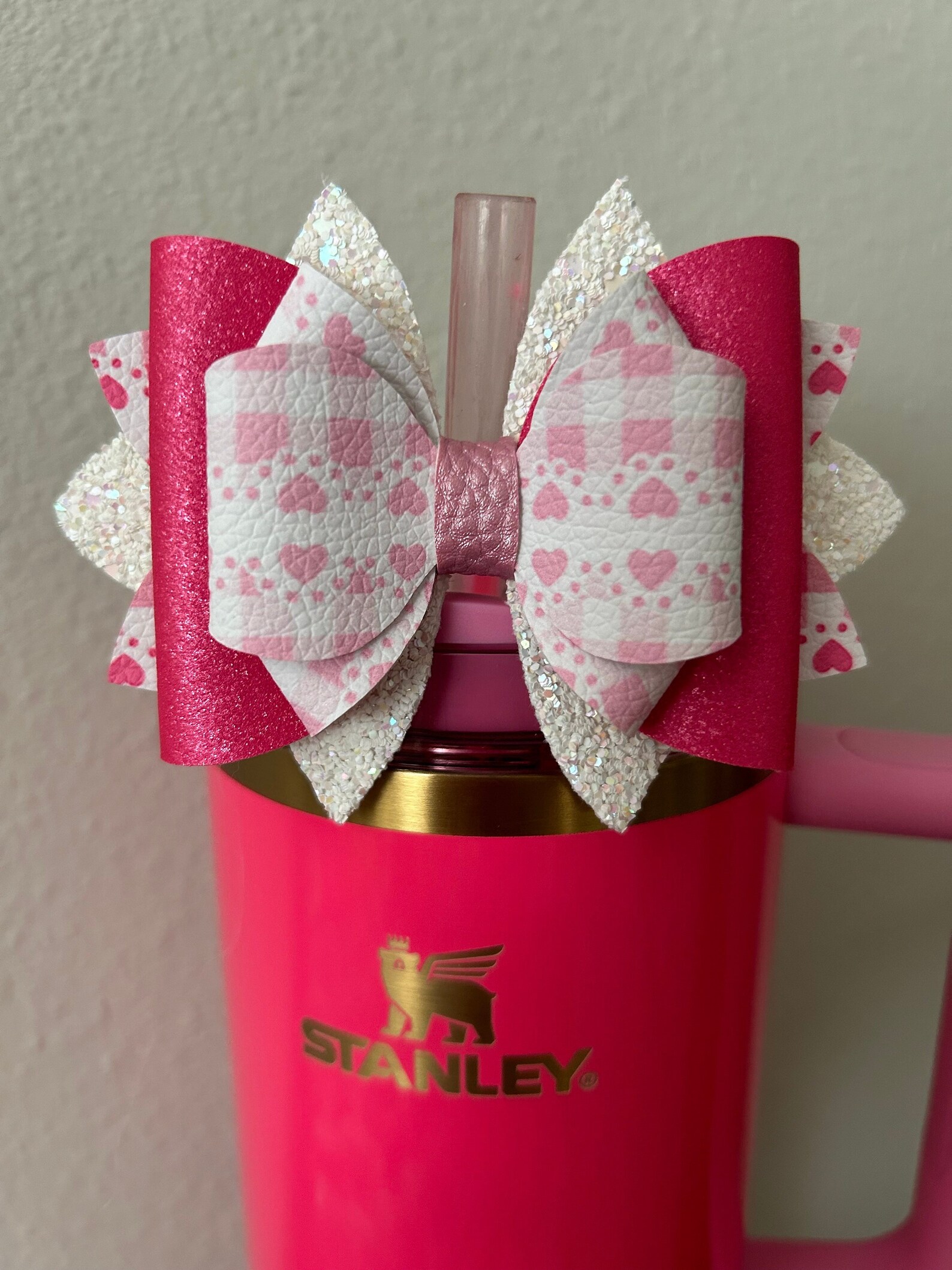 Jumbo Stanley Perfectly Pink and White Print Bow Straw Topper - Etsy