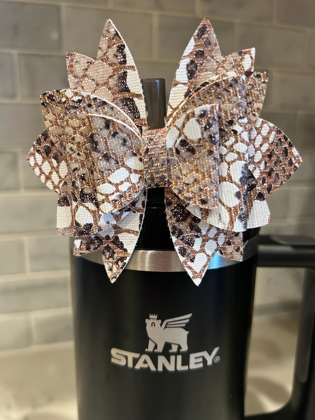 Stanley Python Snake Print Gold White Brown Bow Straw Topper - Etsy