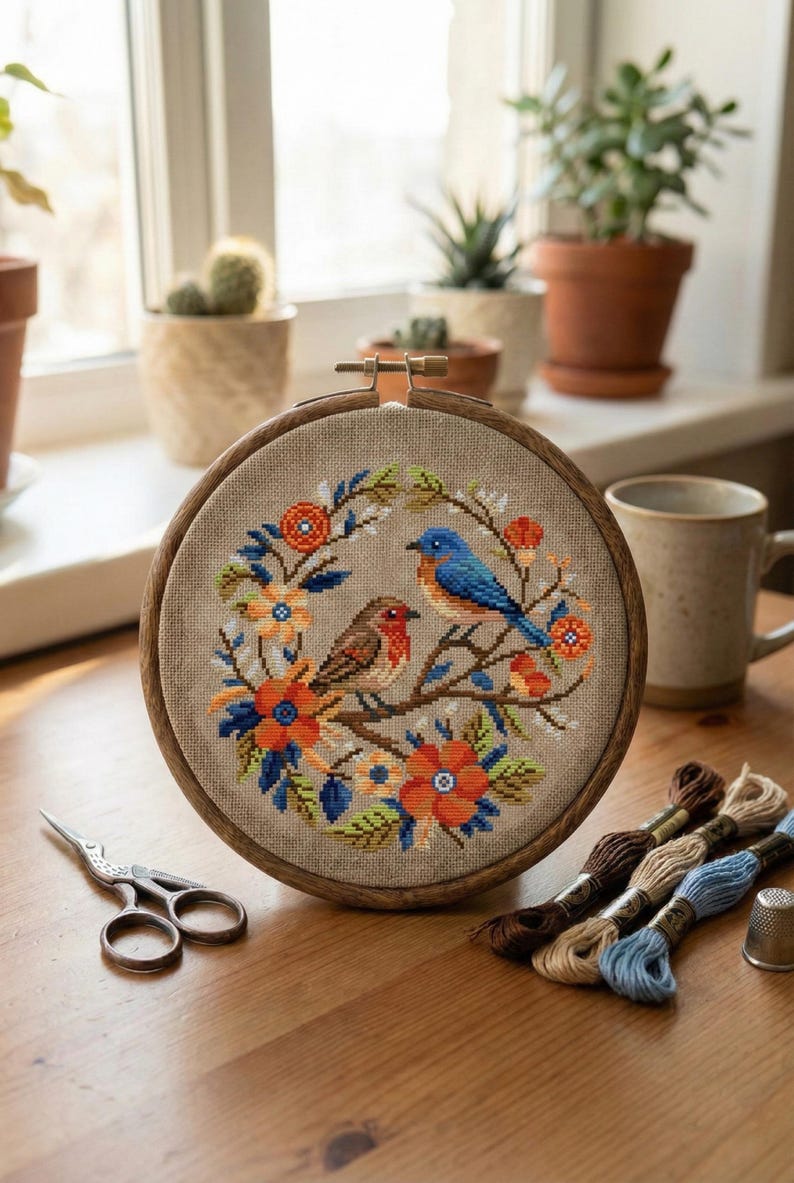 Flower Bird Cross Stitch Pattern | Floral Wreath Embroidery Chart PDF ...