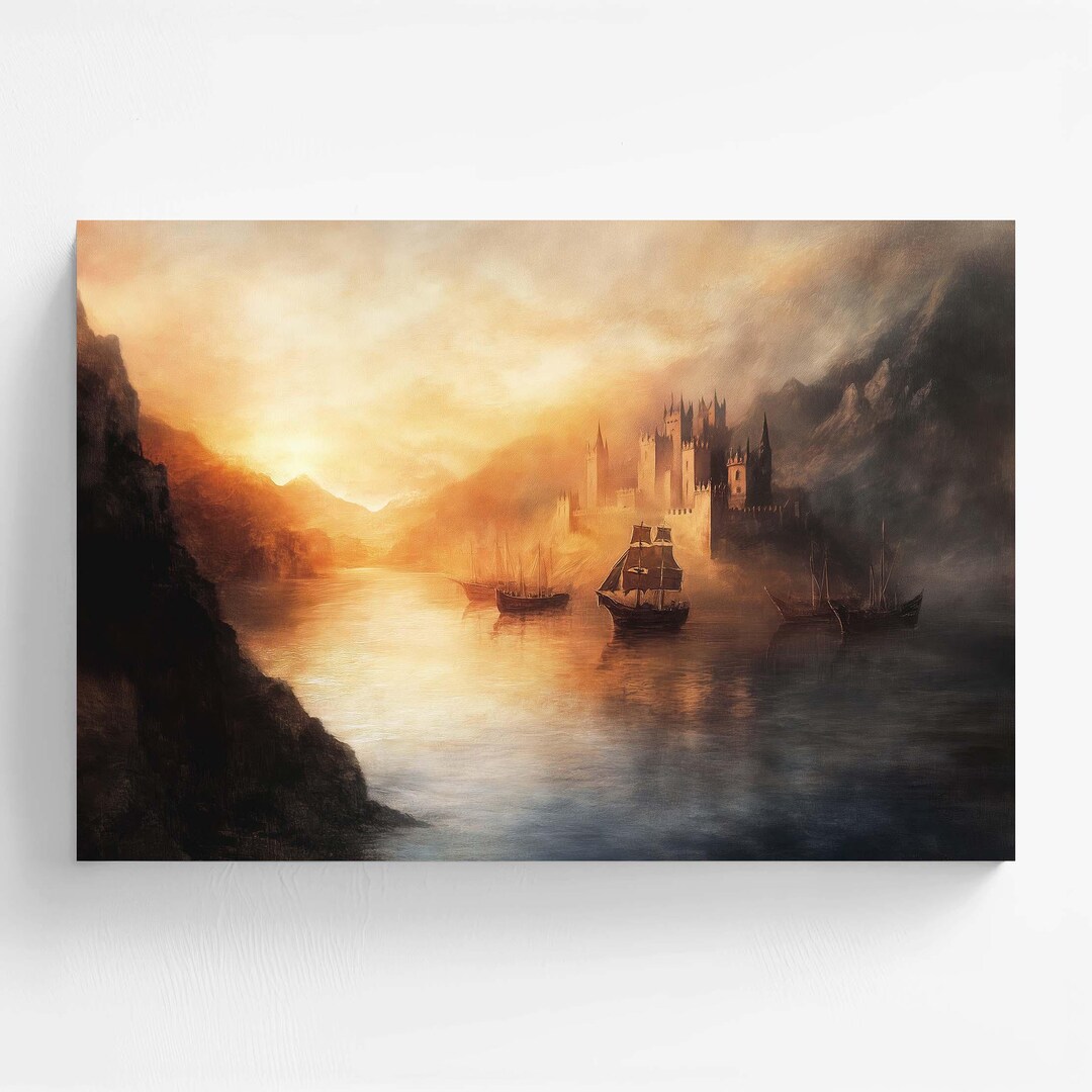 Castle With Sailing Ships at Sunset – Dramatic Oil Painting | Fantasy ...