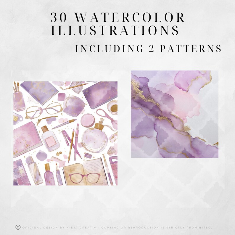 Watercolor School Clipart: Pastel Purple School Supplies, Patterns (30 ...