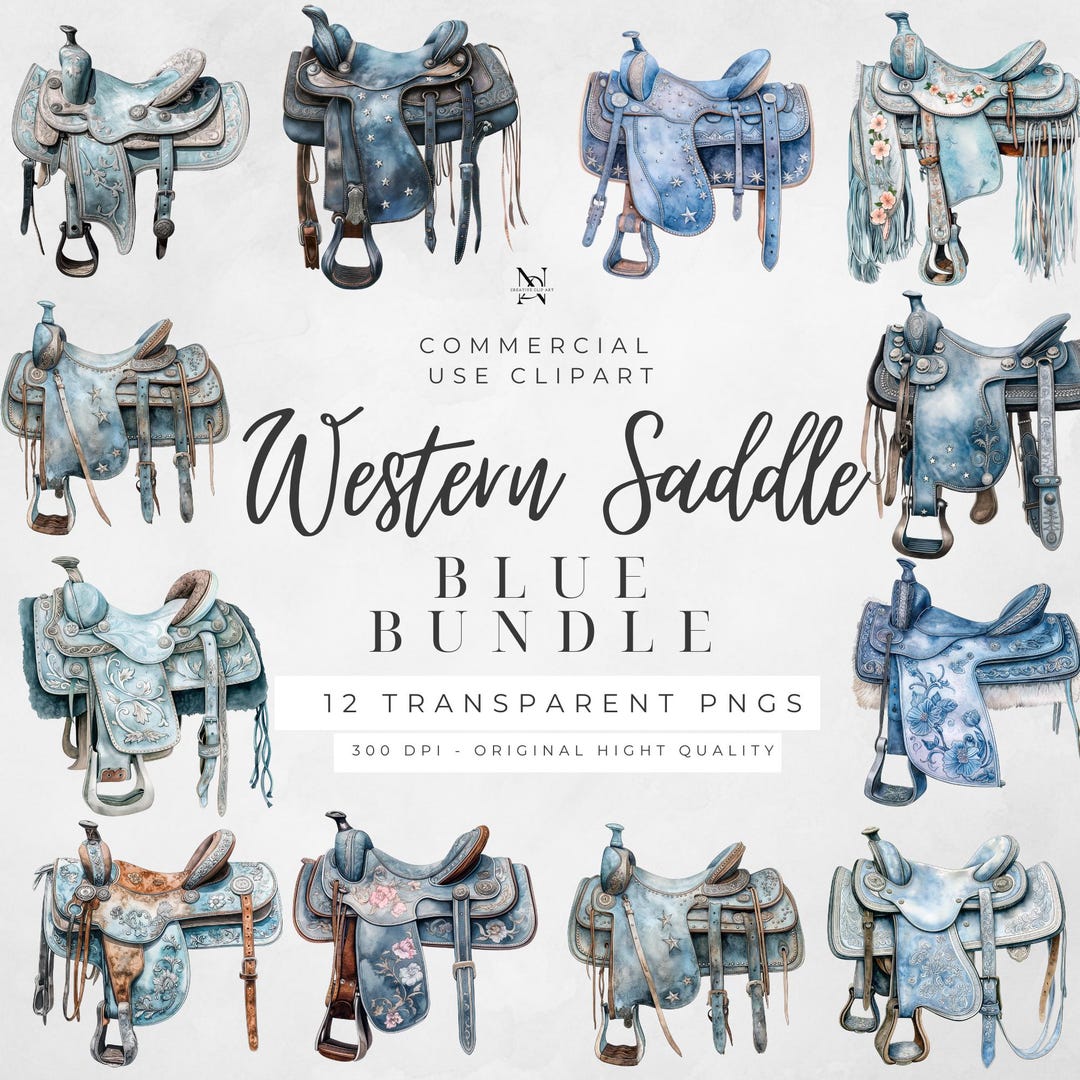 Pastel Blue Western Saddle Clipart Bundle – 12 Watercolor Realistic ...