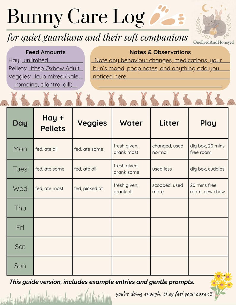 Printable Bunny Care Log | Rabbit Feeding, Litter, Enrichment Tracker ...