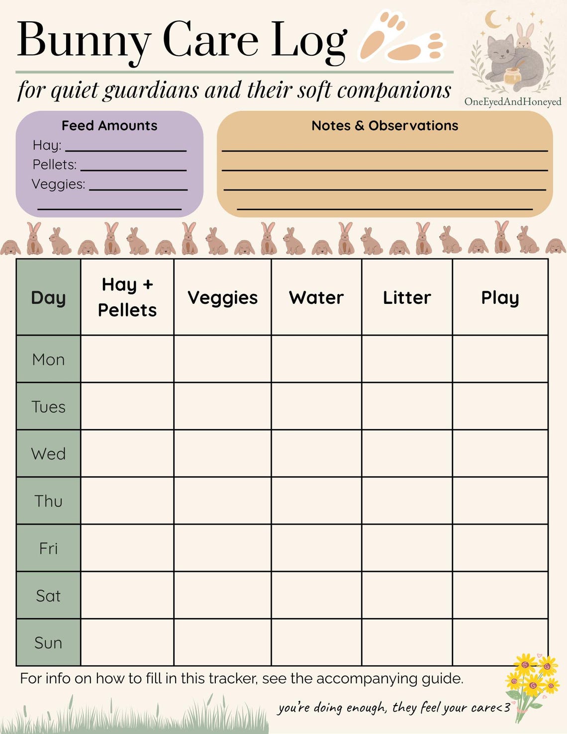 Printable Bunny Care Log | Rabbit Feeding, Litter, Enrichment Tracker ...