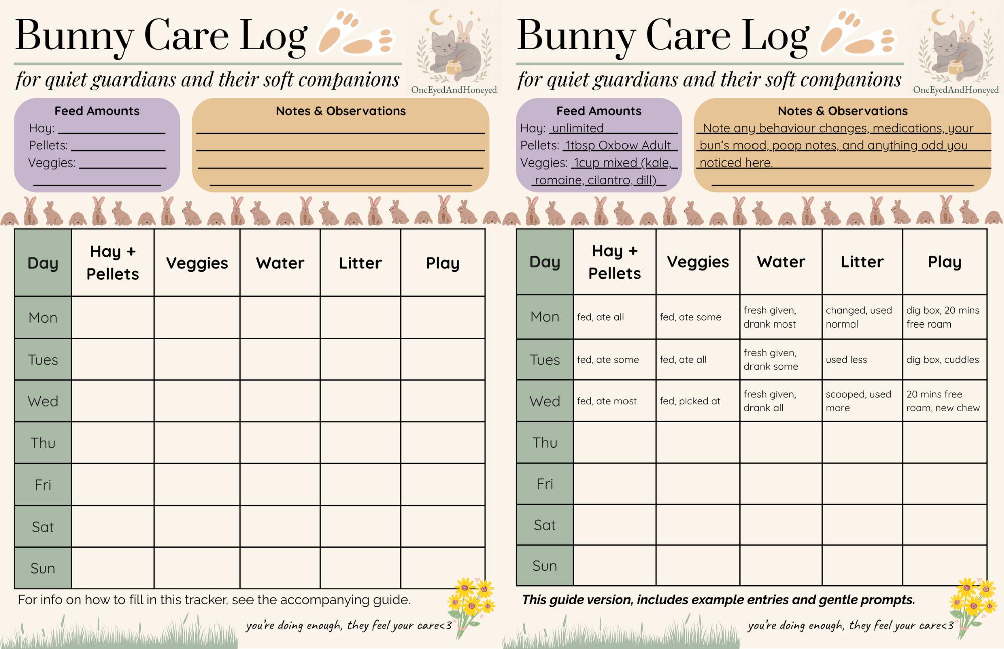Printable Bunny Care Log | Rabbit Tracker With Guide Version | Small ...