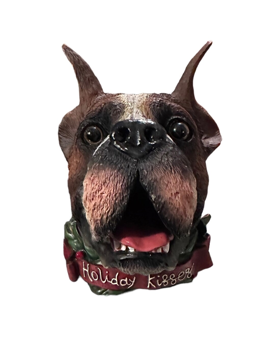 Resin Boxer Head Figurine, Hand Painted, Holly Collar Holiday Kisses ...