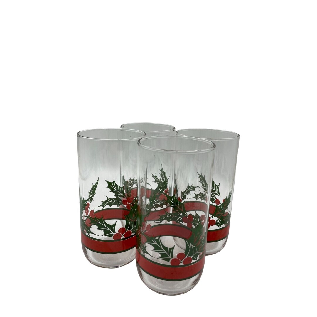 Libbey Holiday Glasses Set 4 Holly & Berries Christmas Holiday Tumblers ...