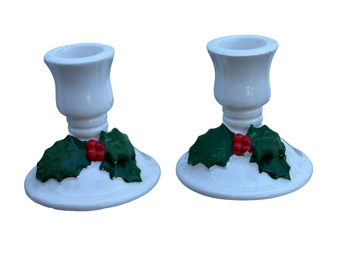 Pair of Liilian Vernon Holly Berry Ceramic Candlesticks, VTG W Orig ...