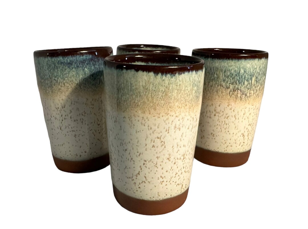 Blue 4 Vintage Brown Blue Drip Pottery Cups, Juice, Glasses, 6 Oz, 3.5 ...