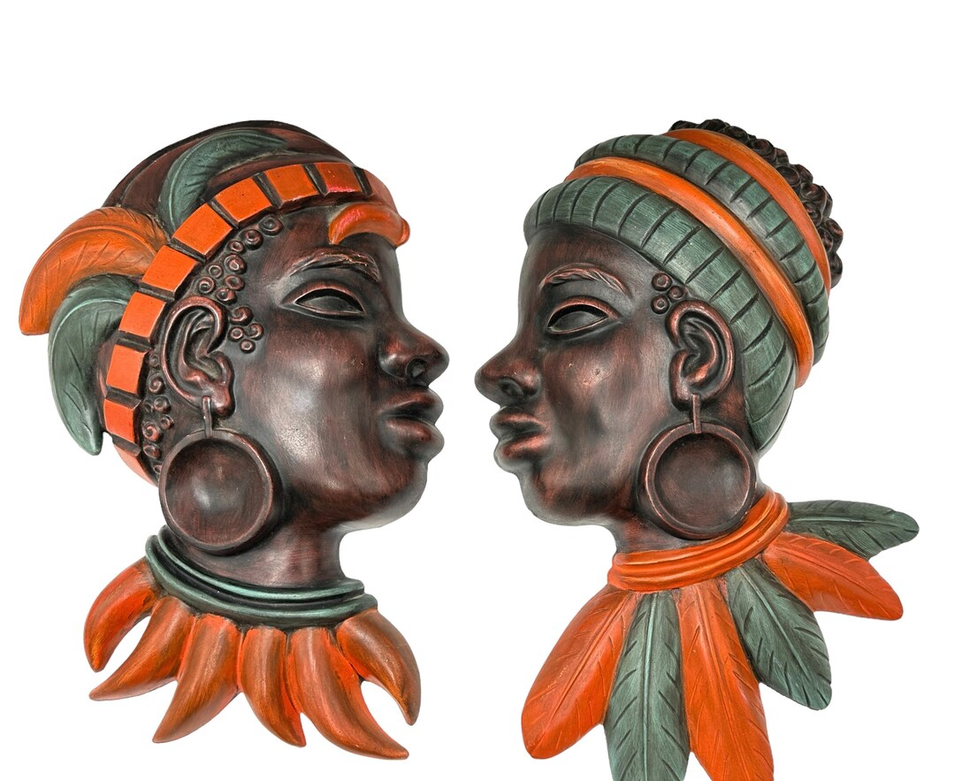 Vintage Chalk-ware Island African Native Heads , Male and Female, Hand ...
