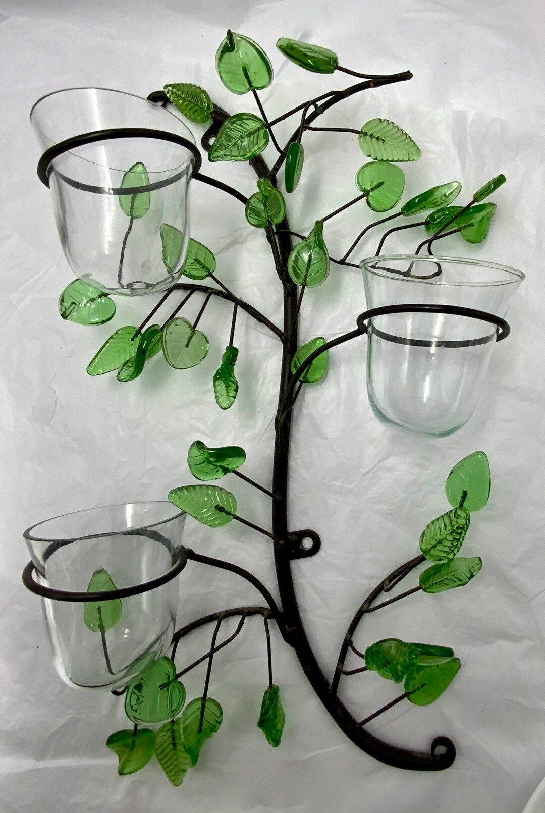 Black Iron, Green Glass Leaves Wall Sculpture With 3 Vases, Wall Sconce ...