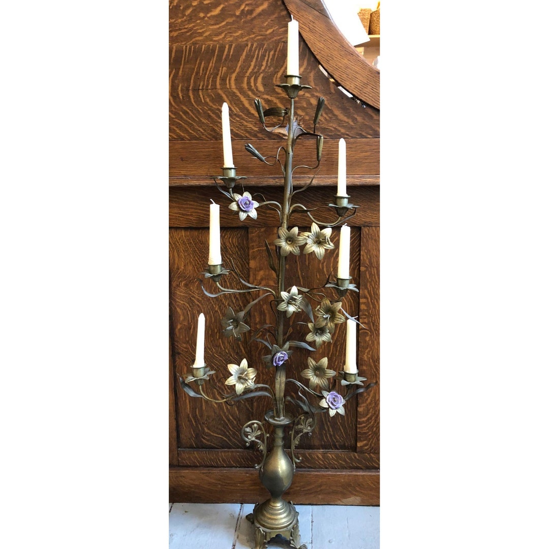 Italian Brass and Ceramic Floral Candelabra - Etsy