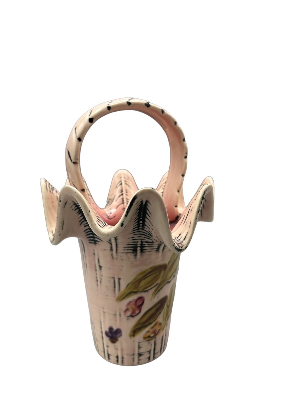 Vintage 1955 Hull Pottery Pink Blossom Flite Handled Ruffled Basket T4 ...