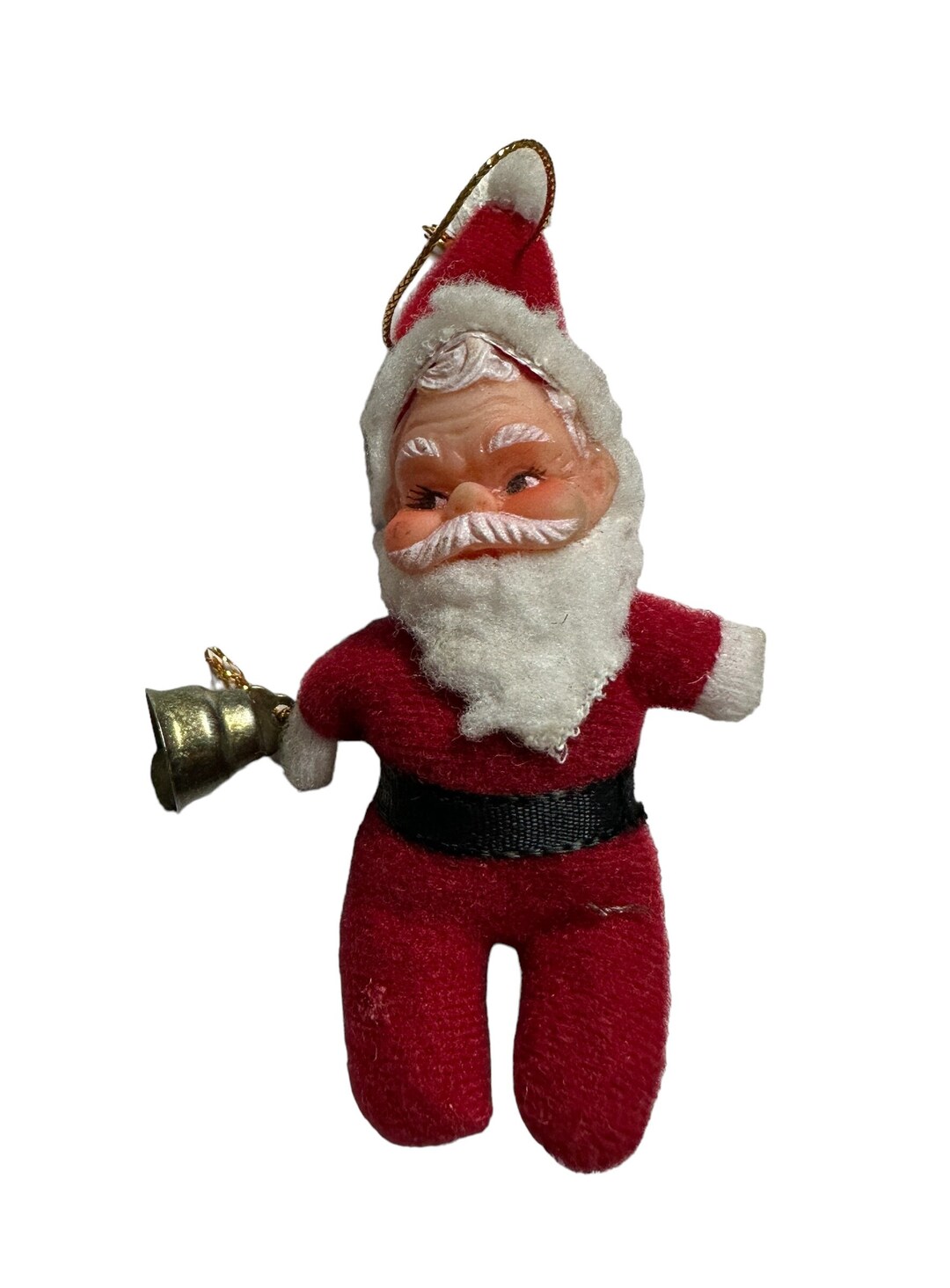 Flocked Santa Ringing Real Metal Bell, 1960s Christmas Tree Ornament, 4 ...
