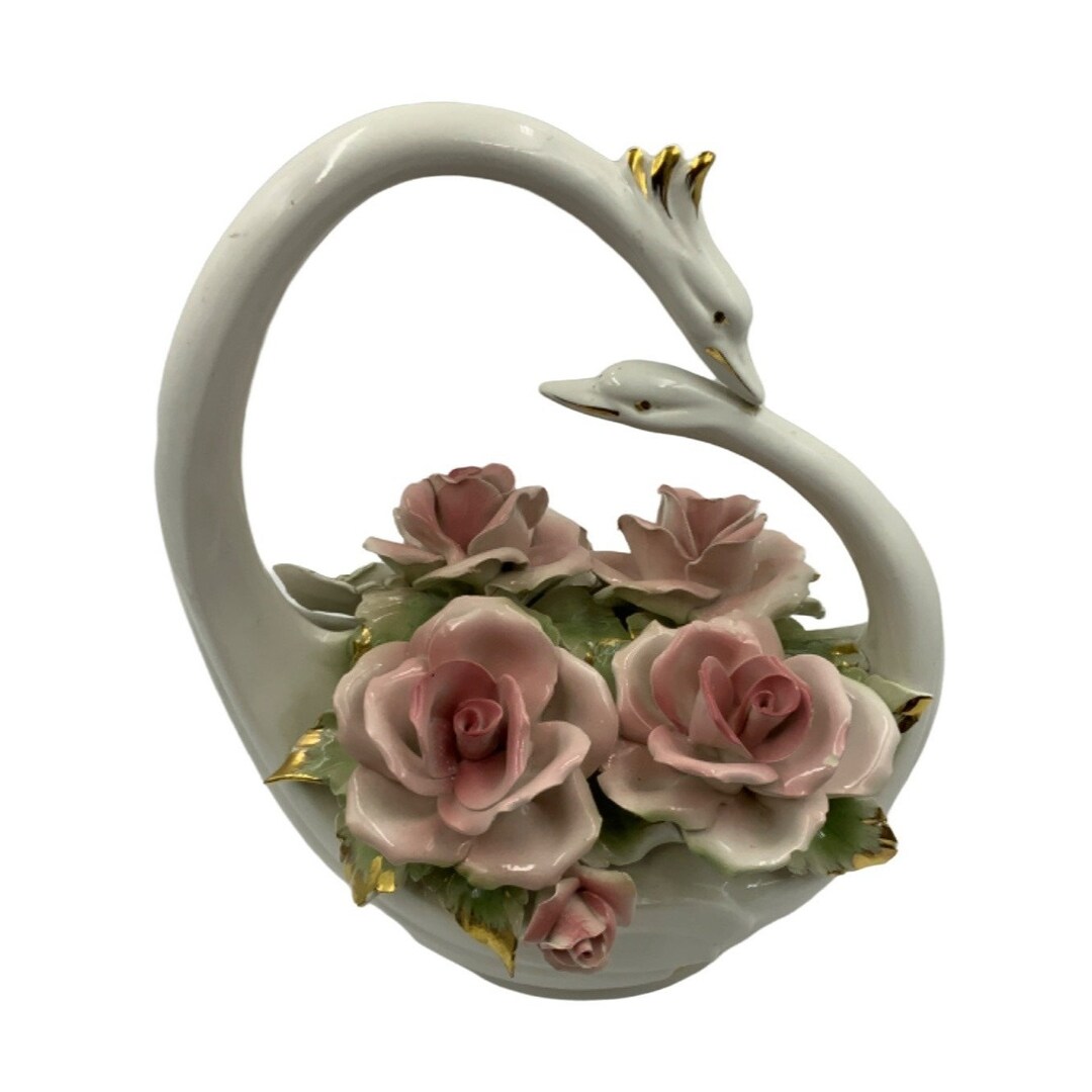 Capodimonte SWAN WITH 18K Italy, Large Double Swan With Roses ...