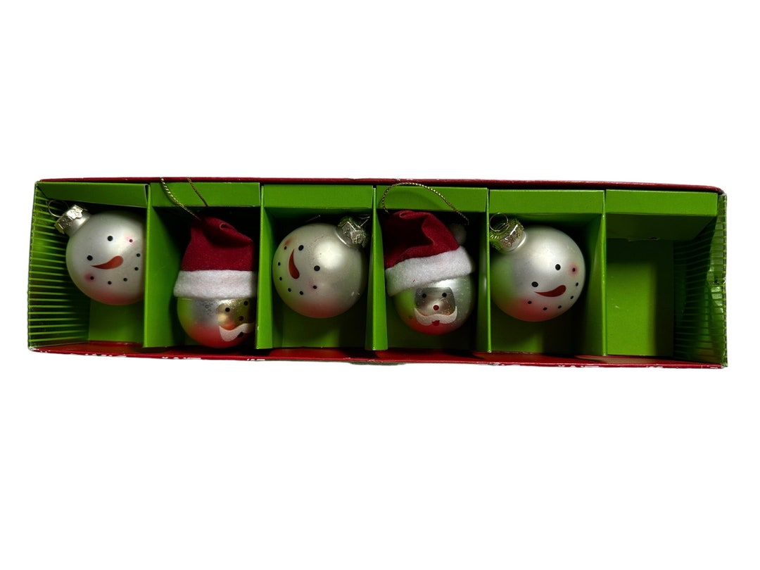 Pier One Ornament Glass, Hand Painted Santa and Snowmen, 5 Ornaments, 1 ...