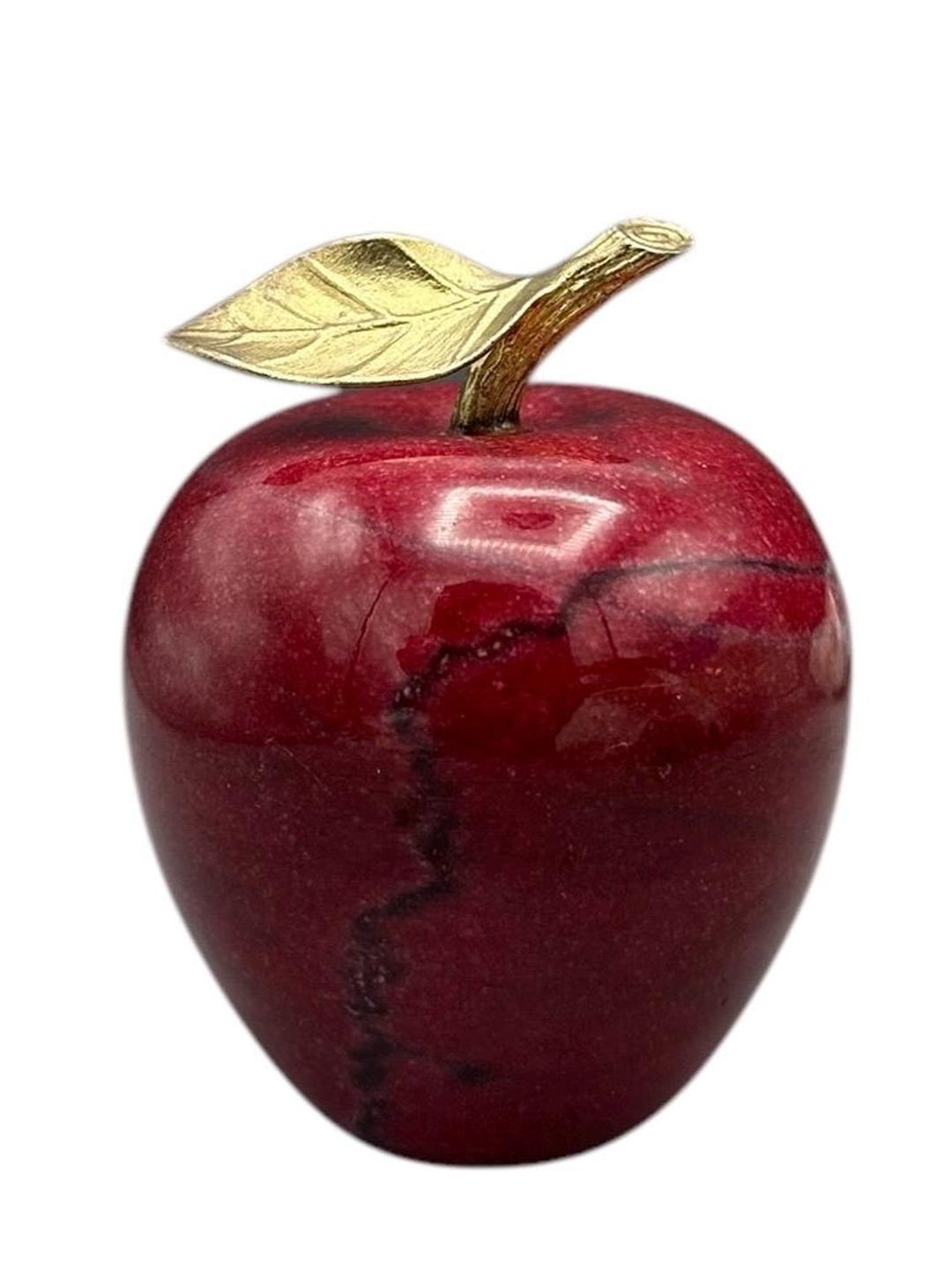Red Polished Alabaster Marble Stone Apple W Brass Stem & Leaf ...