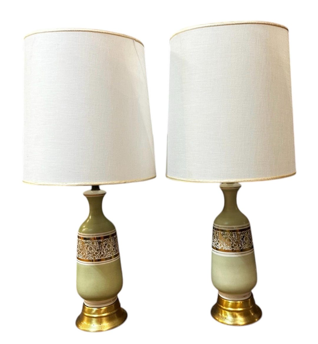 MCM Pair of Table Ceramic Lamps, Sage Green and Gold, 30x15” With ...