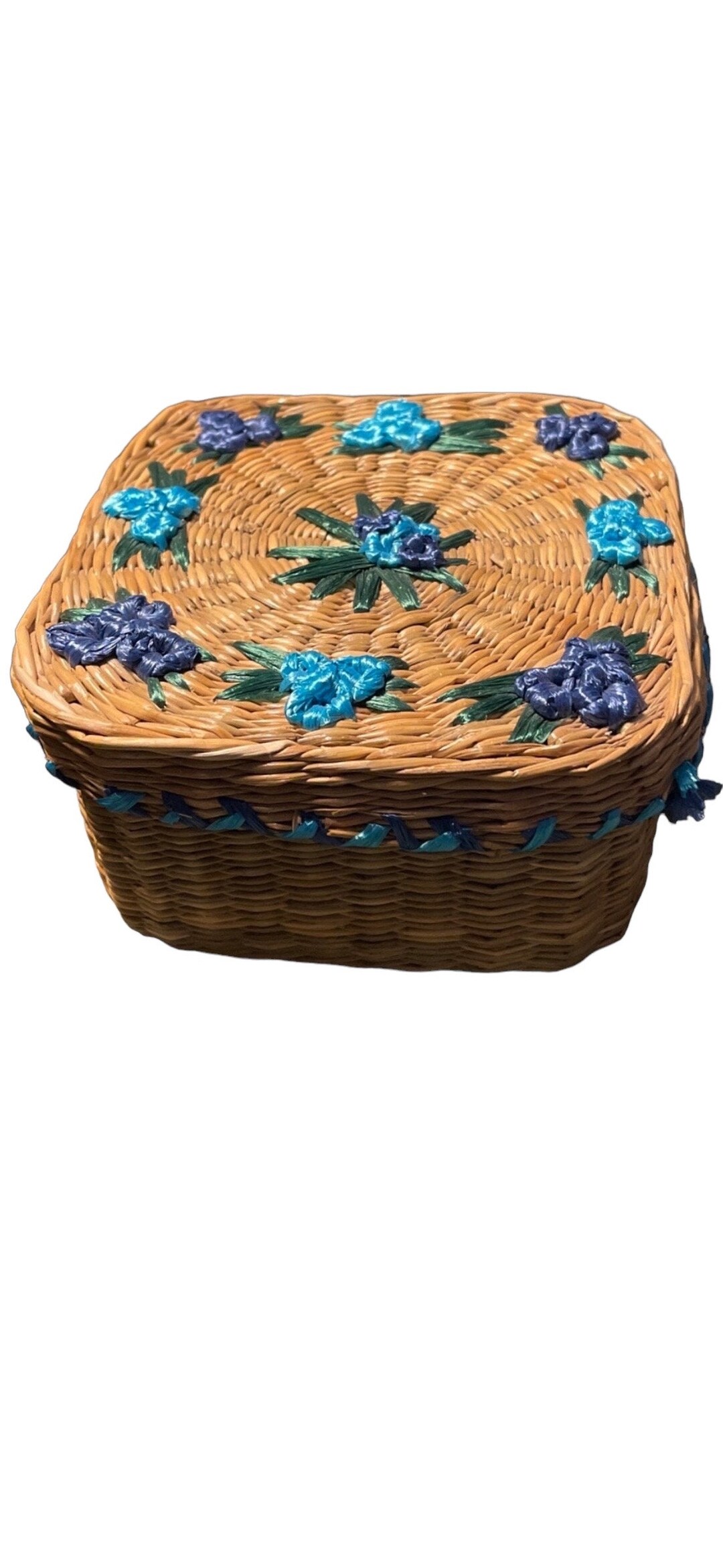 Lidded Raffia and Woven Straw Woven Box, With Blue Raffia Trim and ...
