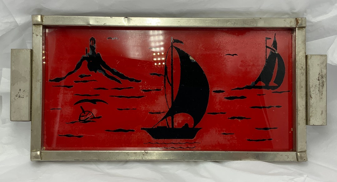 1930s Metal and Glass Red Black Reverse Paint Tray Eglomise Technique ...