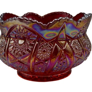 Indiana Glass Heirloom Sunset Ruby Red Carnival Iridescent Rose Bowl ...