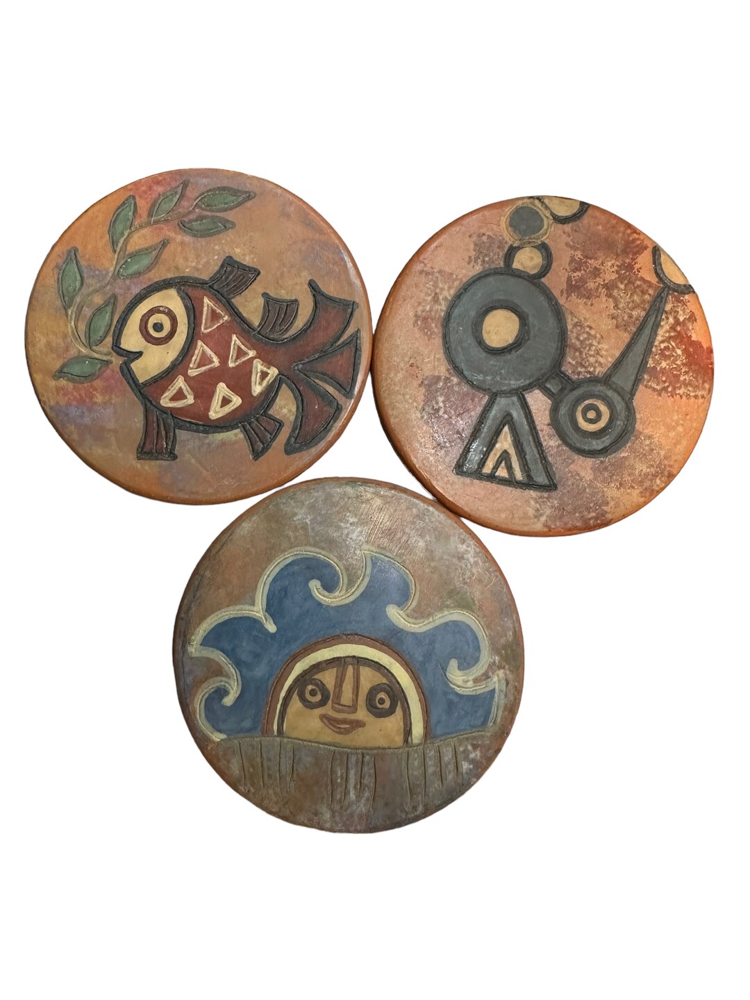 Set of 3, Seminario, Peru, Ceramic, Hand Painted, Terra Cotta, Orange ...