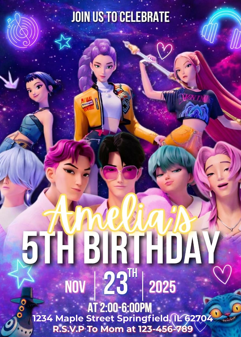 KPOP Demon Hunters Birthday Invitation | K-pop Warriors Party Invite ...