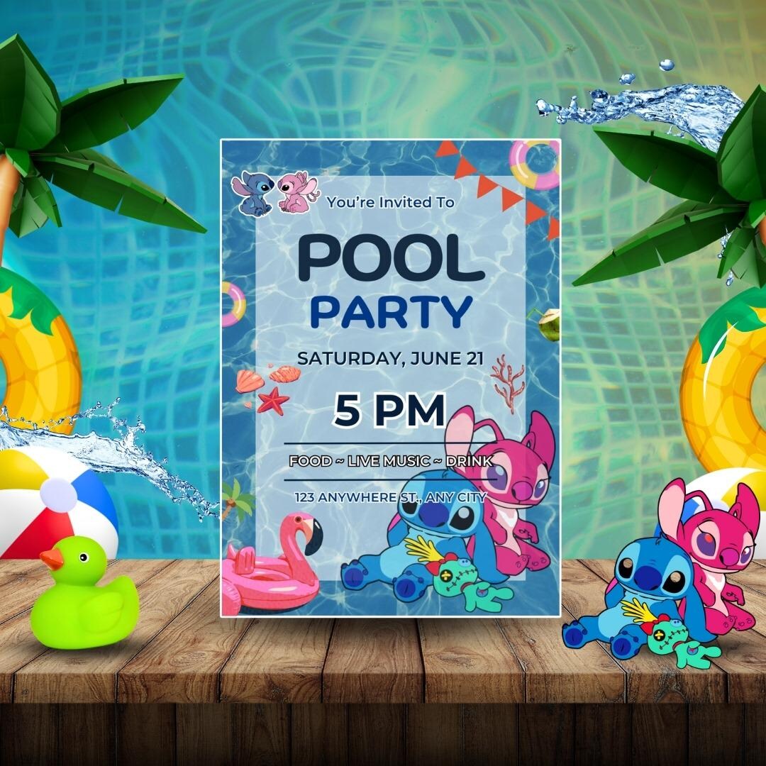 Stitch Pool Party Birthday Invitation • Tropical Kids Invite (canva ...